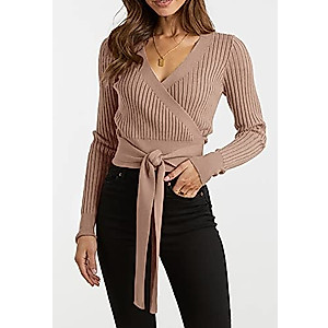 BTFBM Women Wrap Deep V Neck Cropped Sweaters Long Sleeve High Waist Tie Front Slim Fit Ribbed Knit Pullover Sweater Top(Solid Khaki, Small)
