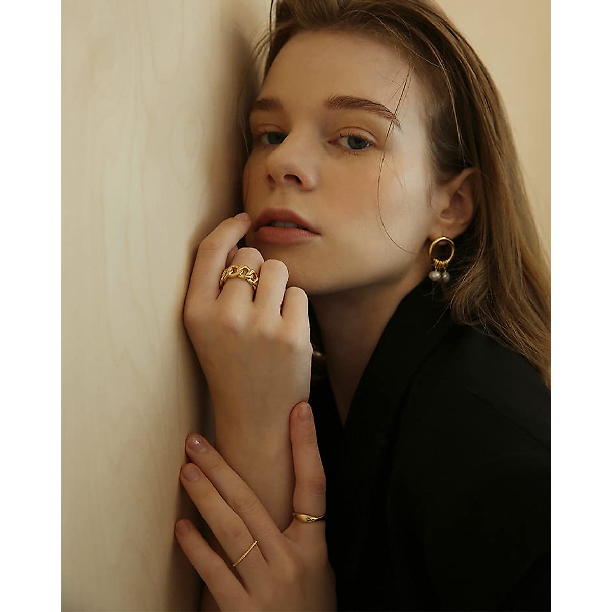 POTESSA Chain Link Rings for Women 18K Gold Plated Dainty Trendy Cuban Link Ring