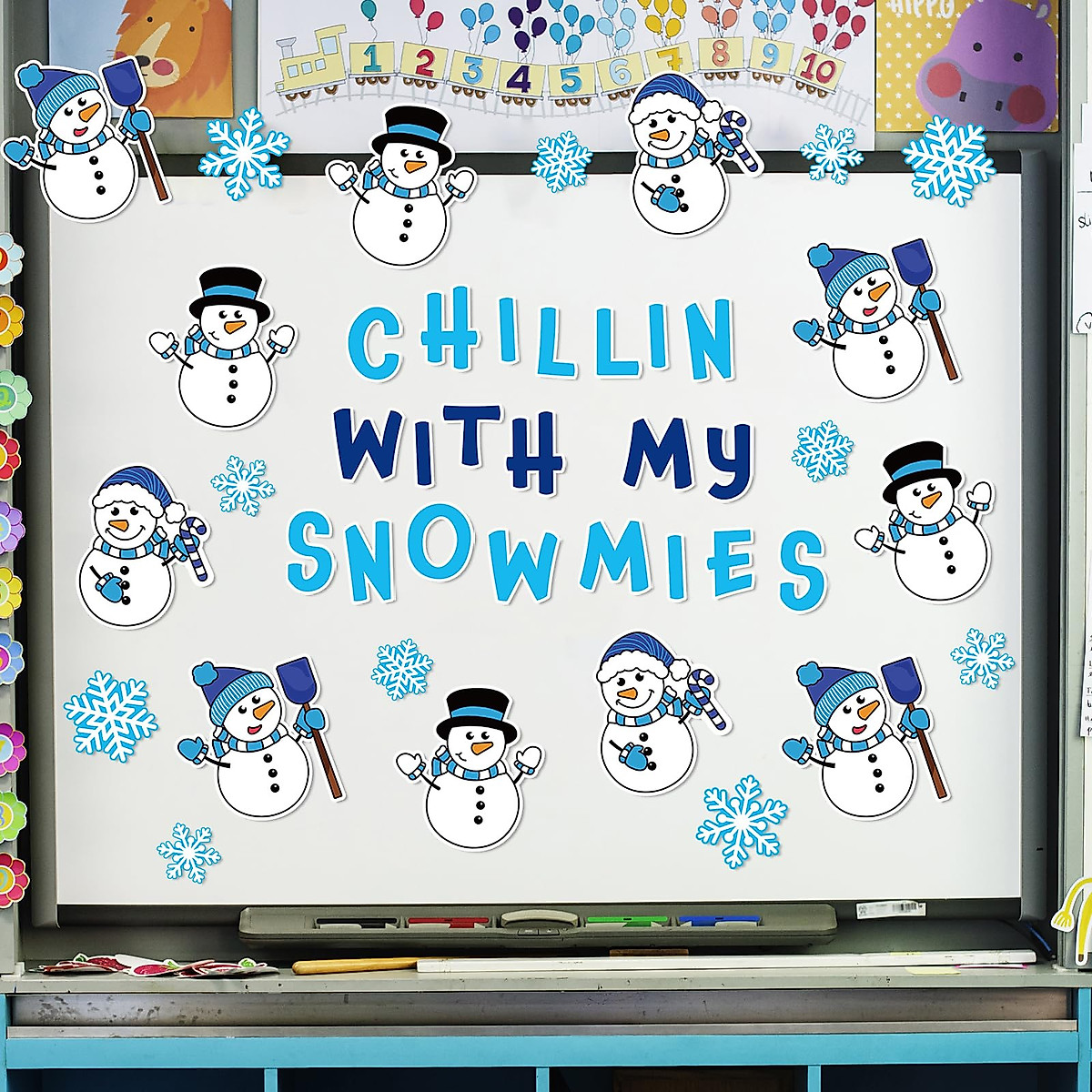 Whaline 52Pcs Winter Snowman Cutouts Christmas Snowman Snowflake Cutouts Winter Chillin with My Snowmies Bulletin Board Decor Blue White Snowman Holiday Party Cutouts for School Classroom Decor