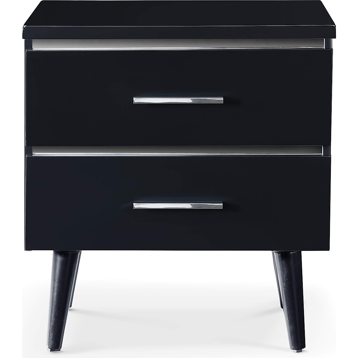 Adore Décor Lennox Mid-Century Side Table 2 Drawers Storage Nightstand, Matte Chrome Handle, Black