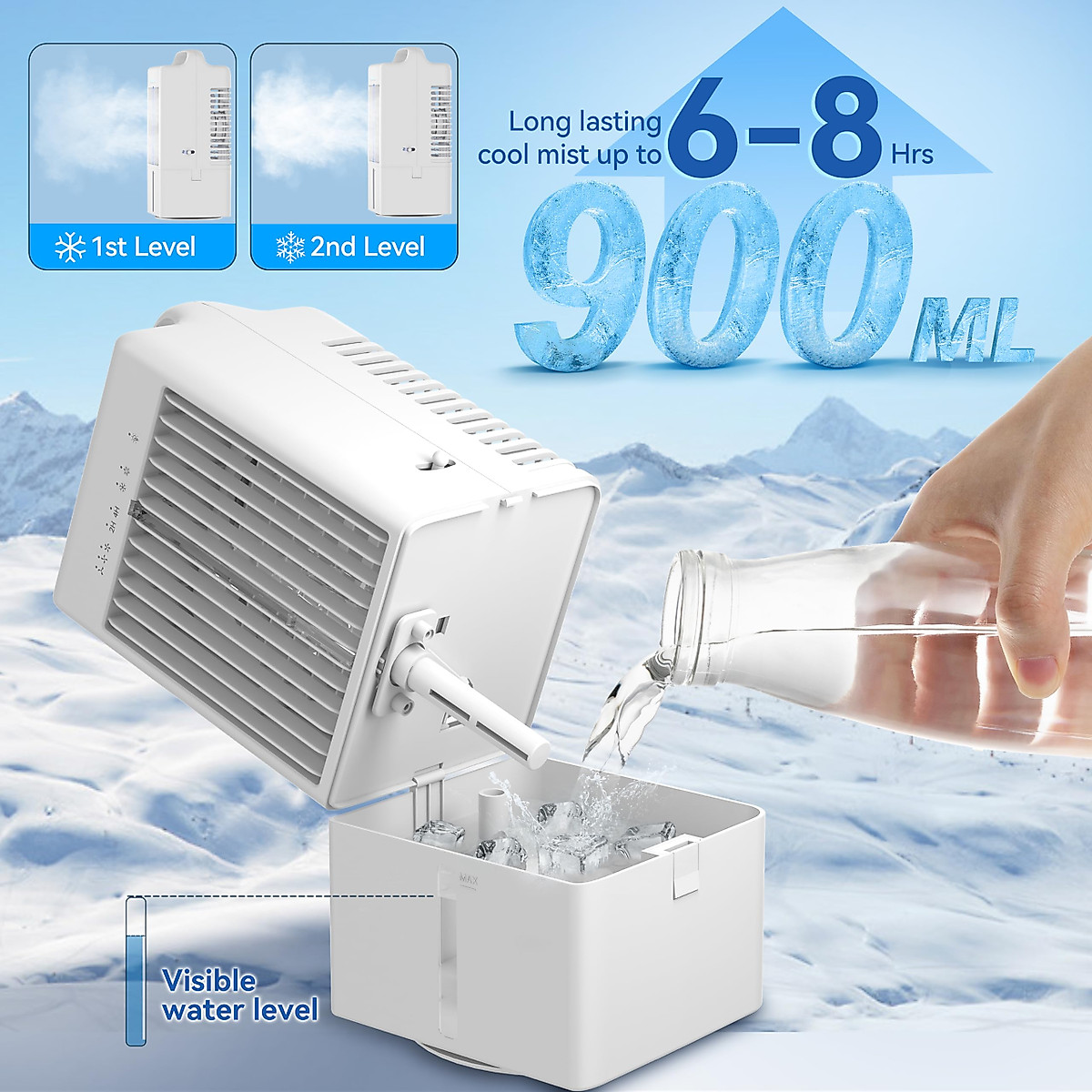 Portable Air Conditioners, 900ml Cooling Fan Evaporative Air Cooler Small Portable AC with 3 Speeds, 2 Mist, 7 Colors LED Light & 2/4H Timer, Personal Mini Air Conditioner for Room Bedroom Office Desk