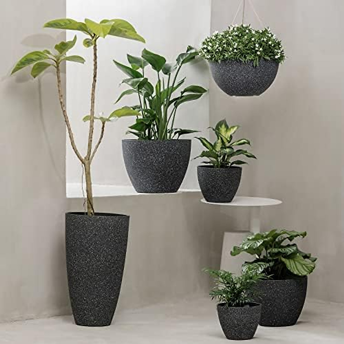 LA Jolie Muse Hanging Planters for Outdoor Plants - 10 Inch Indoor Flower Pots with Drainage, Plants Pots, Speckled-Black, Set of 2
