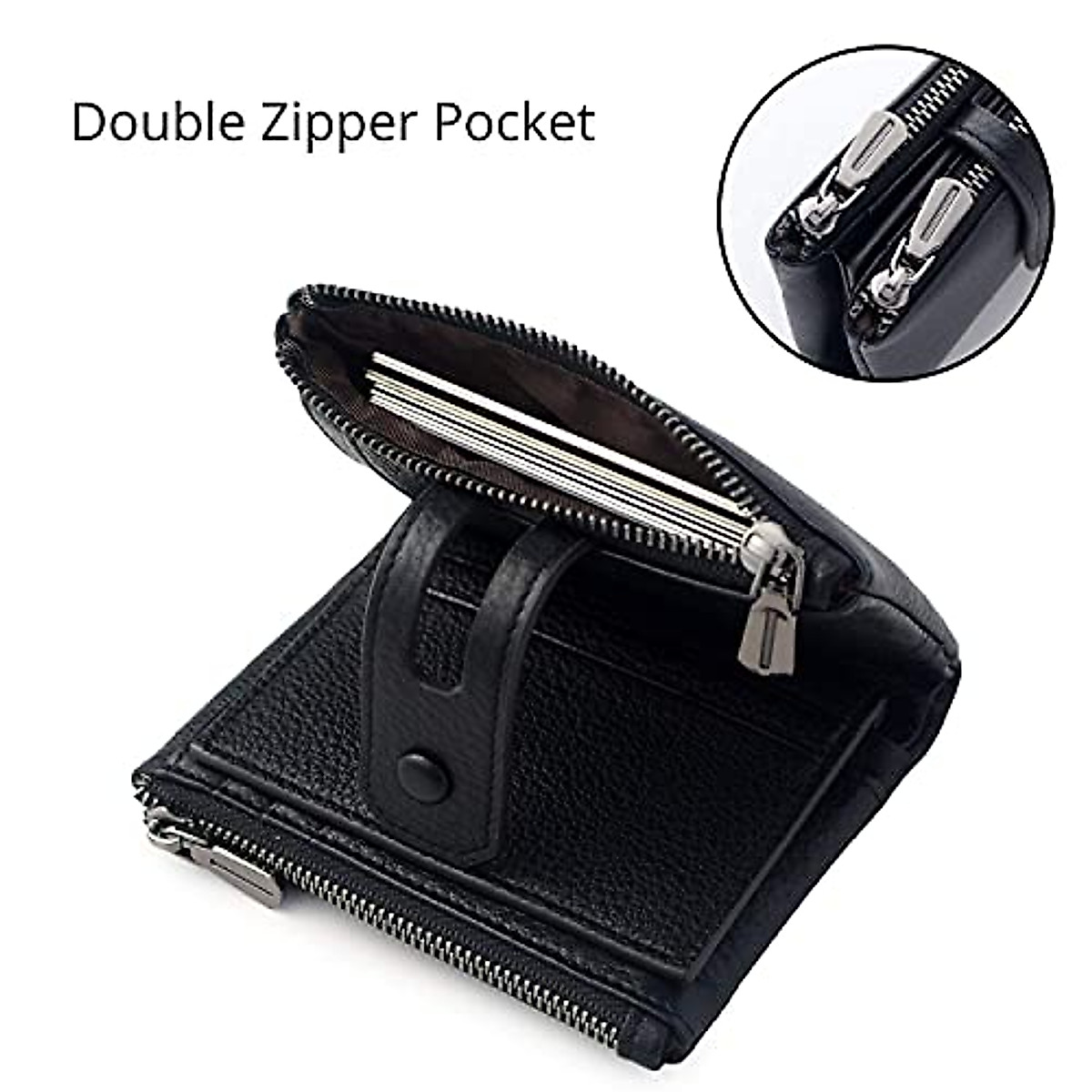 Bveyzi Small Soft Leather Wallet for Women RFID Blocking Ladies Card Holder with Double Zipper Pocket (Black)