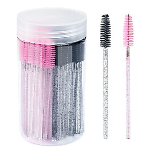 G2PLUS 100PCS Eyelash Brush, Ajustable Disposable Mascara Wands, Crystal Lash Spoolie, Eyebrow Spoolie Brush with Container for Makeup, Eyelash Extensions (Black+Pink)