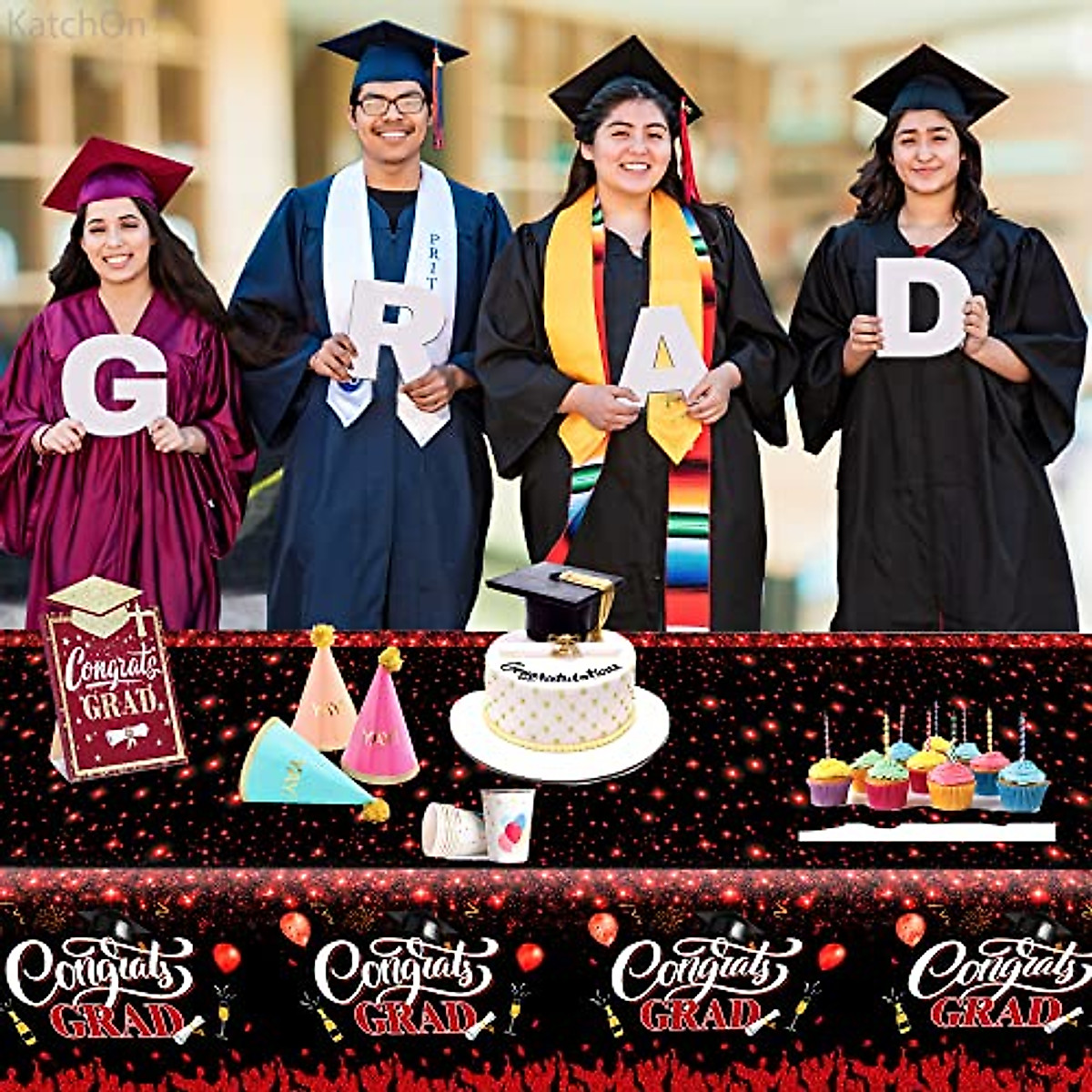 Congrats Grad Graduation Tablecloths - 3 Pack, Red Congrats Grad Tablecloth | Graduation Tablecovers, Red and Black Graduation Decorations 2023 | Plastic Class of 2023 Graduation Party Tablecovers