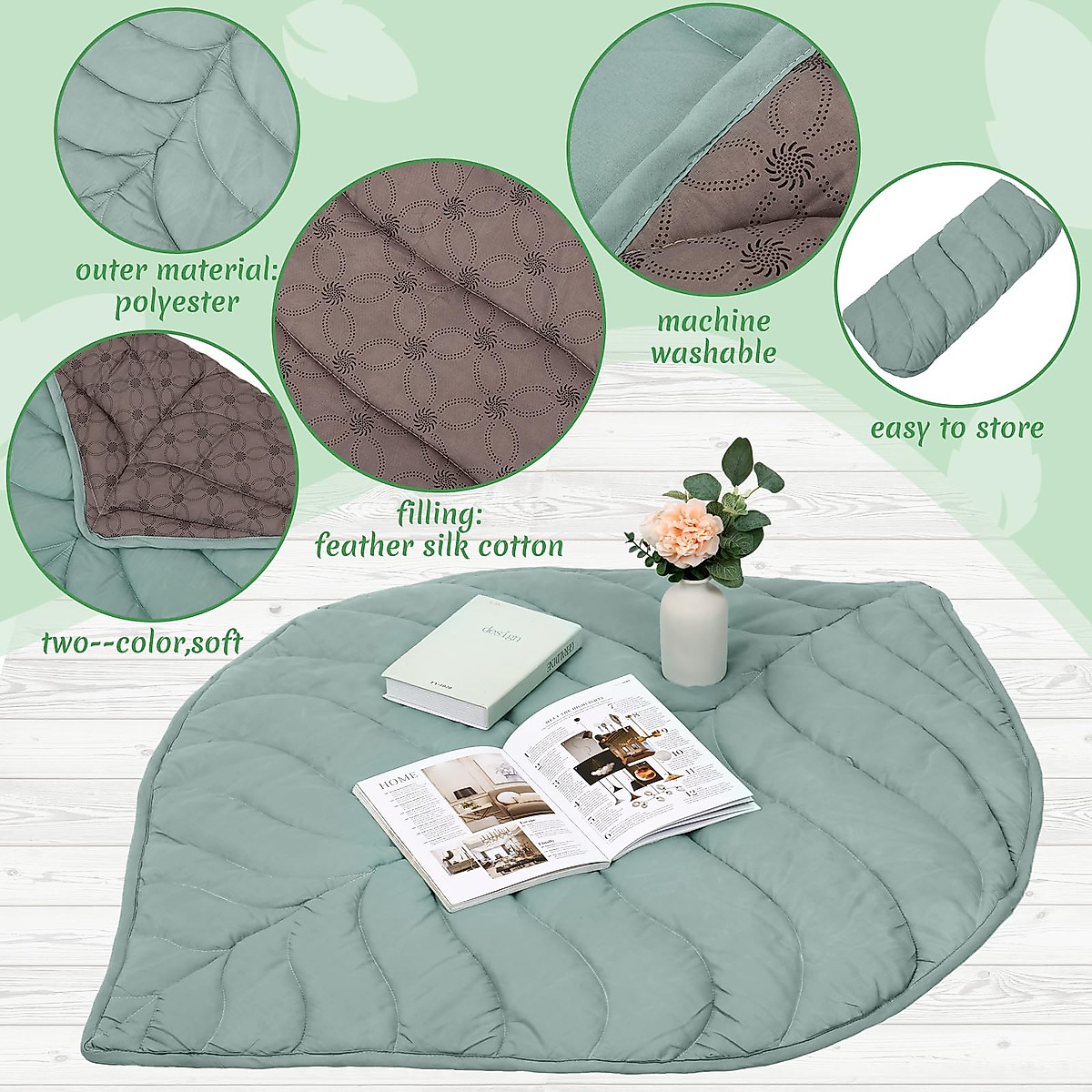 Funtery Baby Play Mat 56 x 42 Inch Cotton Crawling Cushion Cotton Nursery Rug Large Thick Soft Reversible Washable Folding Floor Playpen Mat Nursery Decor Rug for Girls Boys(Green,Leaf)