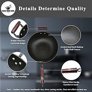 Cast Iron Wok Pan, 14.2" Preseasoned Nonstick Stir-Fry Pans, Flat Bottom Wok with Glass Lid and Wood Handle, Uncoated Traditional Chinese Wok for Induction, Electric, Gas Stoves