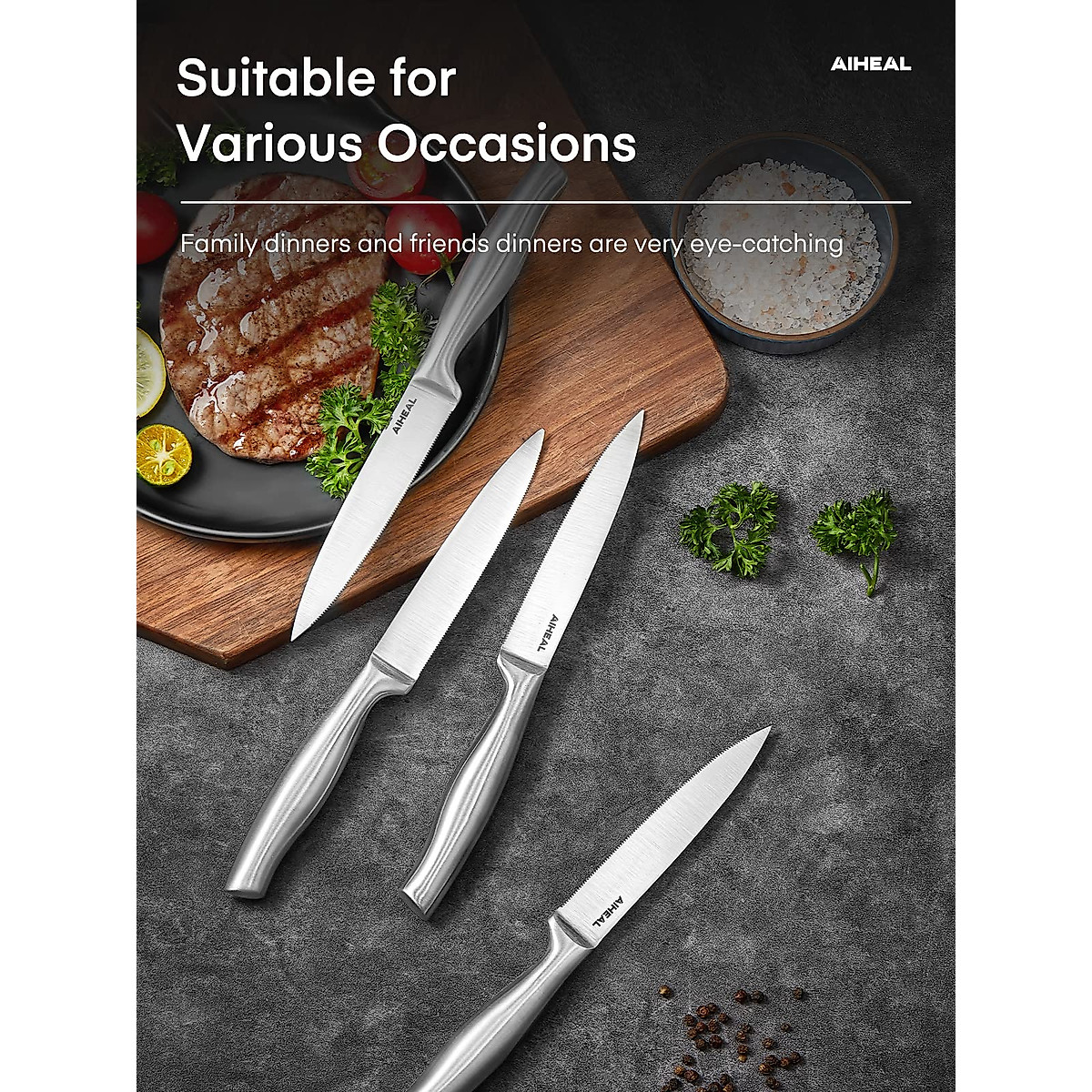 Aiheal Steak Knives, Stainless Steel Steak Knives Set of 12, Never Needs Sharpening Dinner Steak Knife Set, 4.5 Inch Sharp Micro Serrated Steak Knives