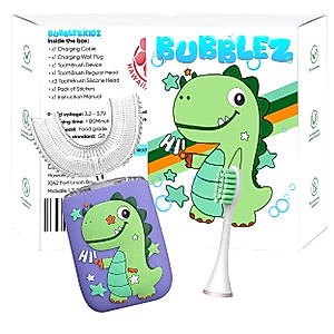 BubblezKidz – Kids Electric Toothbrush – U Shaped Dinosaur Cartoon – Ultra Sonic 6 brush Cleaning Modes w/ Smart Timer – Ages 2-18 Years Old – IPX7 Waterproof, Rechargeable, With Stickers (Dinosaur)