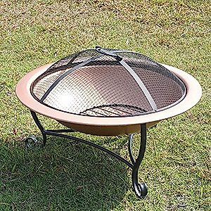 LEAYAN Garden Fire Pit Grill Bowl Grill Barbecue Rack Outdoor Fire Pit Bowl,Round Fire Pit Wood Burning,Patio Firebowl with Spark Screen-20 Inch Fire Bowl with Metal Tripod,Rose Gold Color