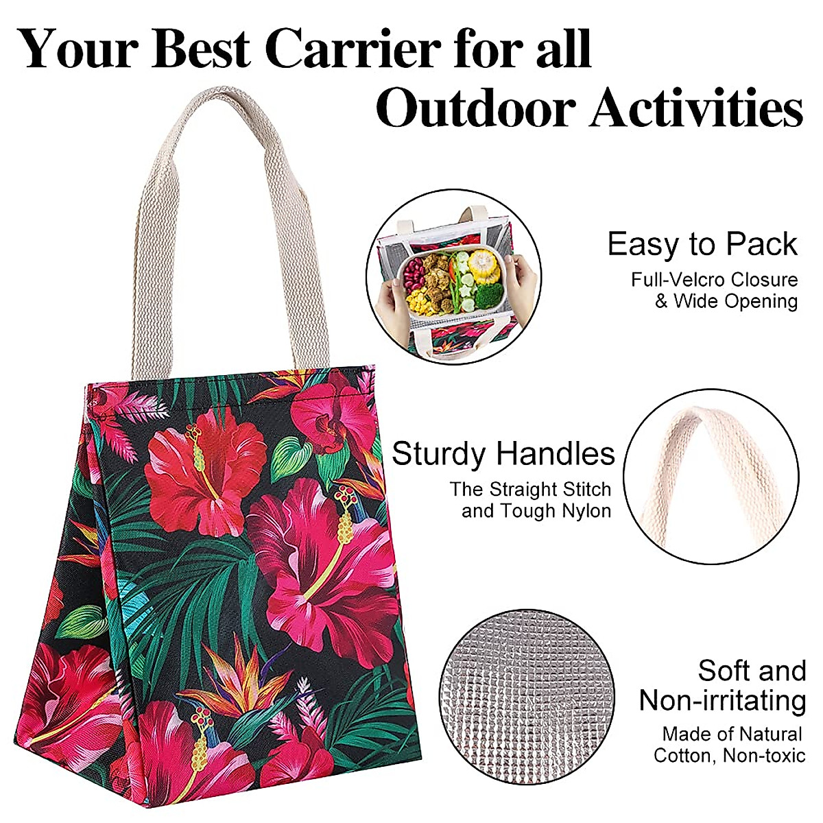 iknoe Lunch Bag Insulated Lunch Bags for Women & Men, 9L Reusable Lunch Tote, Portable Adult Thermal Large Lunch Cooler for Work Picnic Beach (Botanic)