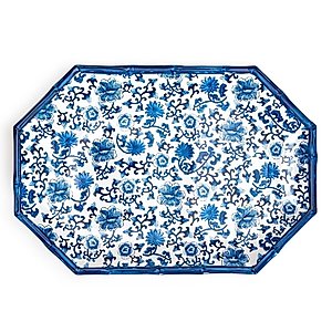 Two's Company Blue Floral Pattern Octagonal Serving Tray/Platter w/Bamboo Rim