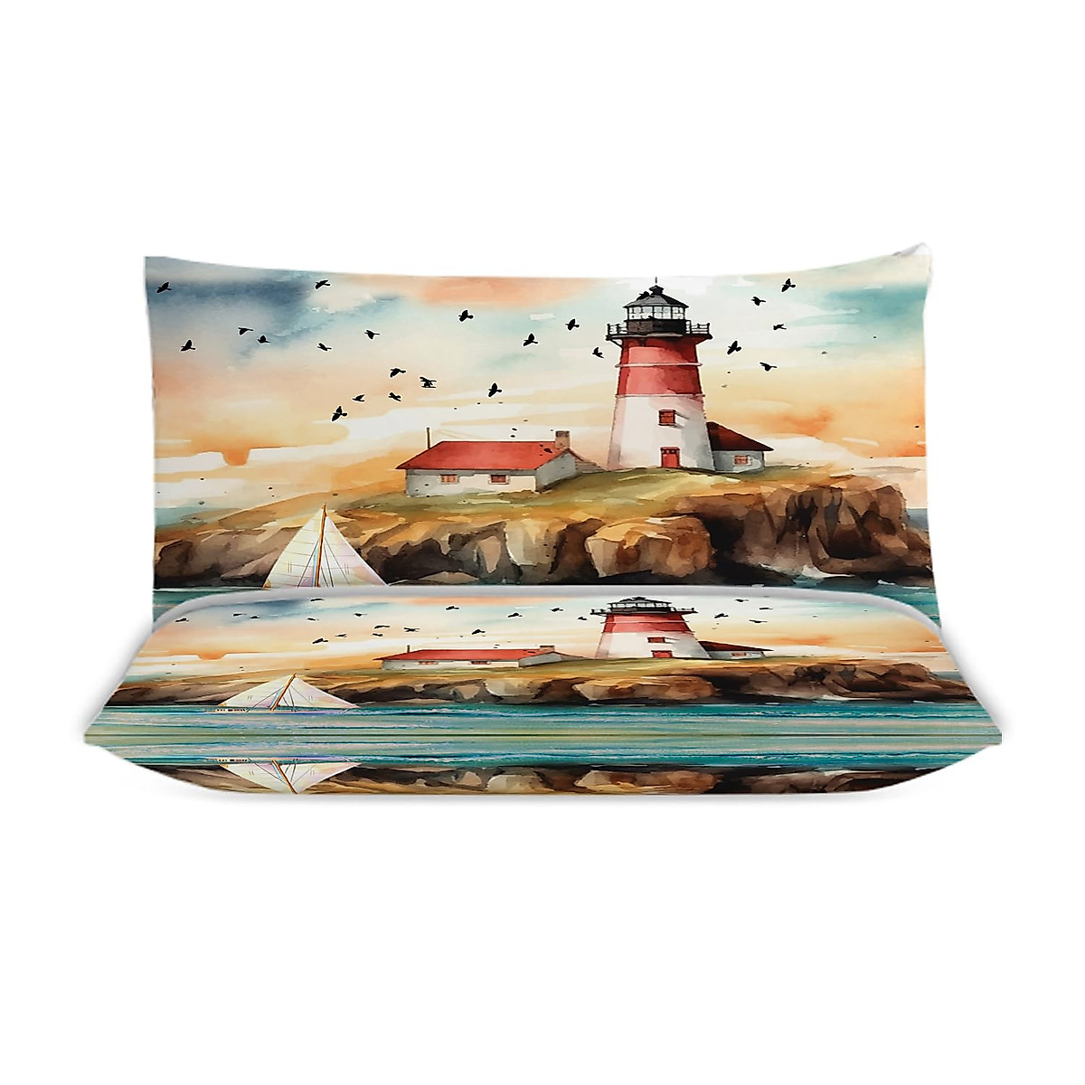 MSSHUKYTT Modern Watercolor Nautical Lighthouse Twin Size Comforter Cover Sets 3 Piece,Rustic Abstract Tropical Island Cabin Seagull Sailboat Waves Duvet Cover Set 2 Pillowcases(No Insert)