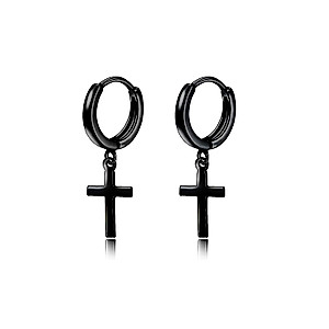 Sterling Silver Black Hanging Clip On Cross Hoop Earrings for Men Women (Black Cross Earrings)