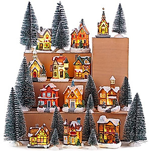 Kajaia 12 Pieces Christmas Winter Houses Village with 12 Pieces Trees Lamp LED Lights Christmas Winter Village Town Buildings Accessories for Thanksgiving Halloween Village Figurine Desktop Decor