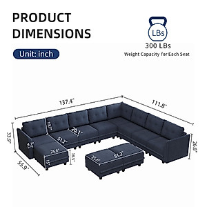LLappuil Modular Sectional Sofa with Storage Oversized U Shaped Couch with Reversible Chaise Luxury Velvet Sofas for Living Room 9 Seats with 2 Ottomans Denim Blue