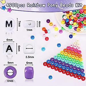 QUEFE 4900pcs Pony Beads Kit, 84 Colors Kandi Beads, 3780pcs Rainbow Hair 1080pcs Letter Heart for Craft Gifts Bracelets Jewelry Making with Elastic Strings