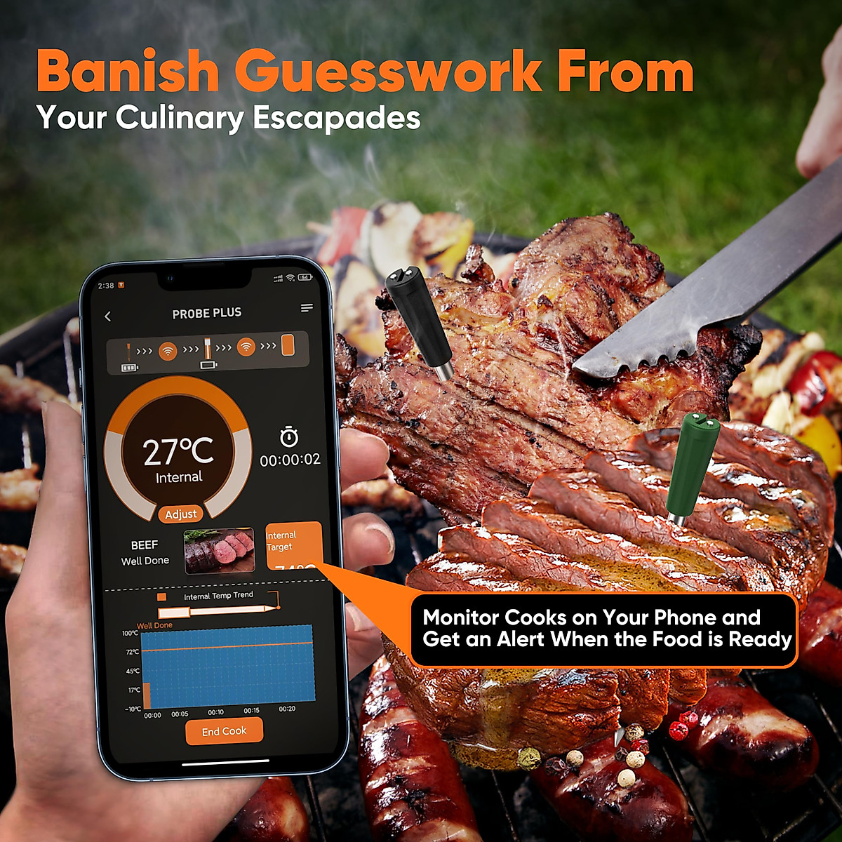 Wireless Meat Thermometer with 2 Meat Probes,Bluetooth Meat Thermometer Wireless for Turkey Beef Lamb,400Ft Remote Range Digital Food Thermometer for Monitoring of BBQ, Oven, Smoker