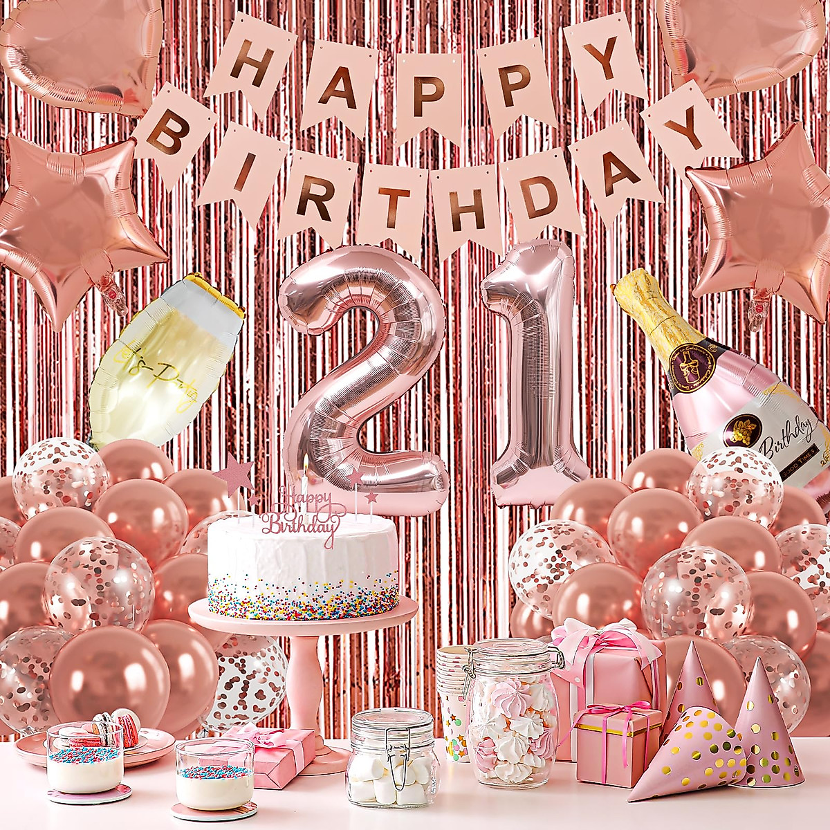RUBFAC 21st Birthday Decorations for Girls, Rose Gold Sweet 21 Birthday Party Decoration for Her, 21st Happy Birthday Pre-Strung Banner Kits Rose Gold Balloons Decoration for Birthday Party Supplies