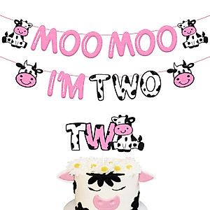 Moo Moo I’m Two Birthday Decoration Cow Theme 2nd Birthday Banner Cow Two Cake Topper Kids Boy Girl’s Happy Second Birthday Party Supplies Glitter Pink Decor