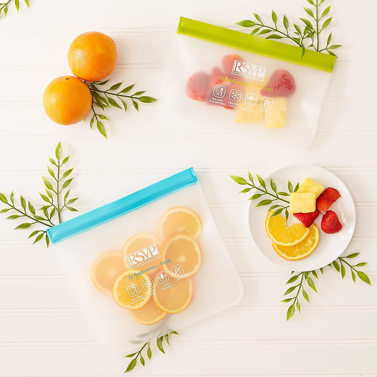 RSVP International Reusable Food Storage Collection ECO Seal Bags, Press-N-Seal, Blue/Green