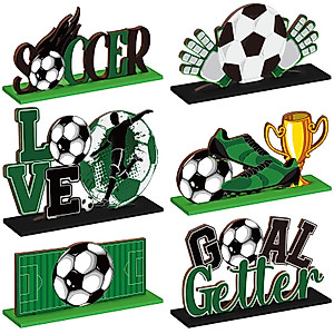 Suzile 6 Pcs Soccer Ball Table Wooden Decorations Green Black Table Centerpiece Sign Soccer Football Theme Party Detachable Tabletop Decor Photo Props for Boys Kids Birthday Party Supplies