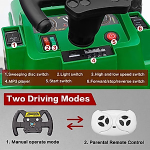 MOLACHI Ride On Street Sweeper Truck,12V Ride on Car w/Remote Control,Electric 360 Degree Rotating Sweeping Brooms，Music,LED Light,Ideal Gift for Kids 3-7 Years Old,Green