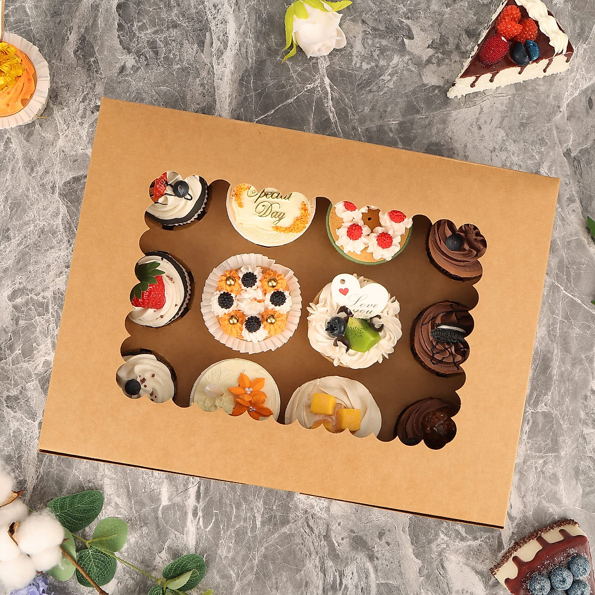 Moretoes 12 Count x 10 Sets Cupcake Carrier Boxes, 13 x 10 x 3.5 Inches, Brown Cupcake Containers Kraft Bakery Carrier Boxes with Windows and Inserts to Hold Cupcakes, Muffins and Pastries