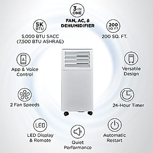 TCL Home 7,500 BTU Smart Portable Air Conditioner, Fan, & Dehumidifier, App & Voice Control, 2 Fan Speeds, LED Display & Remote, 24 Hour Timer, White Standard (5P93C)