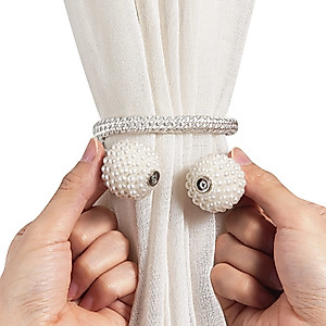 Kirecoo 2 Pack Curtain Tiebacks - Magnetic Curtain Tiebacks, Pearl Curtain Ties Decorative Rope, Curtain Holder Holdbacks for Drapes, Sheer Curtains (White)
