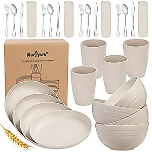 28PCS Kitchen Wheat Streaw Dinnerware Sets, Wheat Straw Plates and Bowls Sets, College Dorm Dinnerware Dishes Set for 4 with Cutlery Set (Beige)