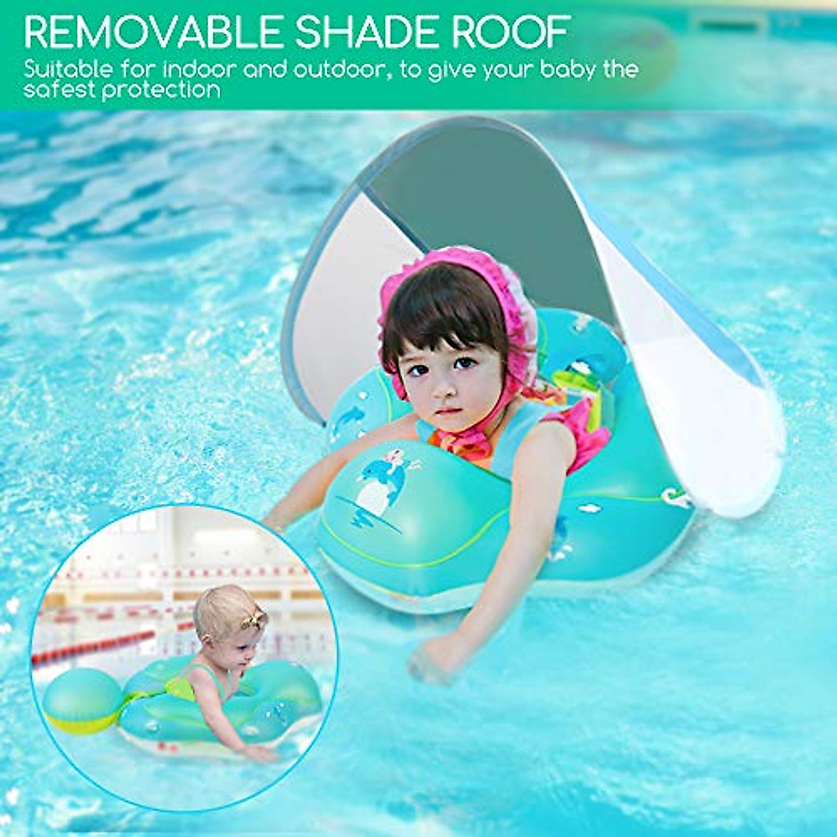 Relaxing Baby-Pool Float with Adjustable Seat Pocket with Canopy of UPF 50+UV Protection Anti-Slip Crotch, Add Tail Chamber Baby Floats for Pool Accessory Air Pump and 2 Pool Toys for Toddler 6M-3Yrs