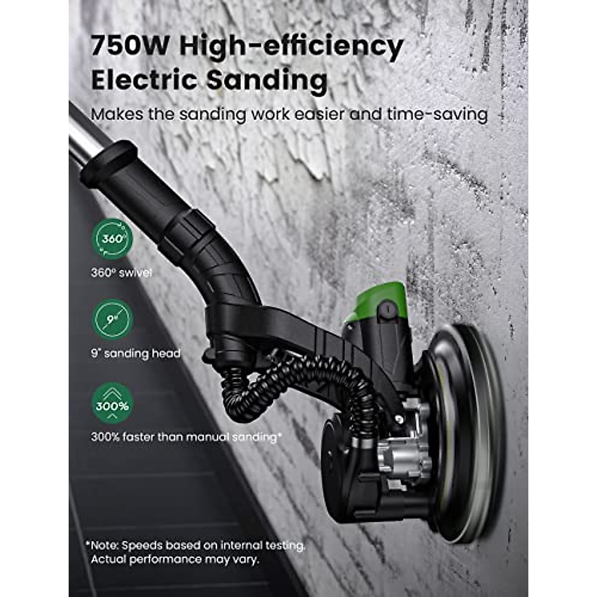 Drywall Sander, Ginour 750W Powerful Wall Sander, 7 Variable Speed 1000-1800RPM Electric Sander with LED Light, Extendable Handle, Portable Bag, Dust Hose, 12PCS Sanding Discs, for Ceiling and Wall