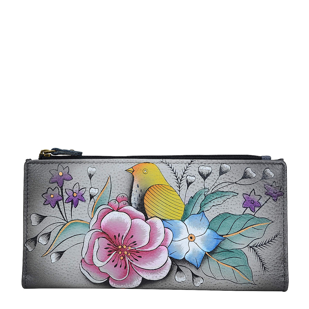 Anna by Anuschka Women's Hand-Painted Genuine Leather Two Fold Clutch Wallet - Vintage Garden Grey