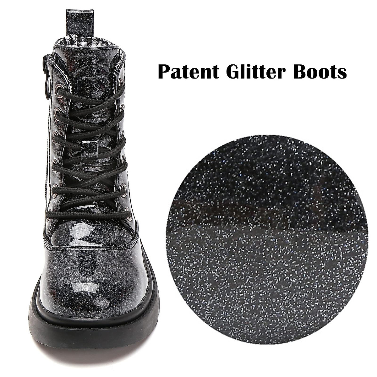 DADAWEN Boys Girls Waterproof Lace Up Glitter Mid Calf Combat Boots With Side Zipper for Toddler/Little Kid/Big Kid Black Glitter US Size 2 M Little Kid