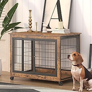 FULUWT Dog Crate Furniture, Indoor Dog Kennel Furniture for Dogs, Dog Crate with Double Doors, Decorative Pet House for Small/Medium/Large Dogs. (Rustic Brown, 38.58'' L x 25.2'' W x 27.17'' H)