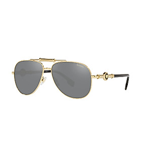 Versace Unisex Sunglasses Gold Frame, Polarized Grey Mirror Silver Lenses, 59MM