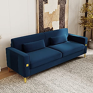 LostCat 85'' Velvet Sofa Couch Mid Century Modern Upholstered 3-Seater Loveseat with 2 Pillows and Armrest for Living Room, Apartment and Small Space, Retro Blue