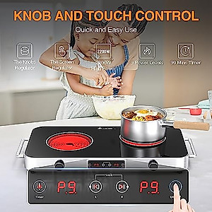 VBGK Electric Cooktop, 120V Induction Cooktop with 2 Burners, Electric Stove Top with Knob Control, 2200W Countertop Burners 9 Power Levels, Child Safety Lock and 99 MinTimer