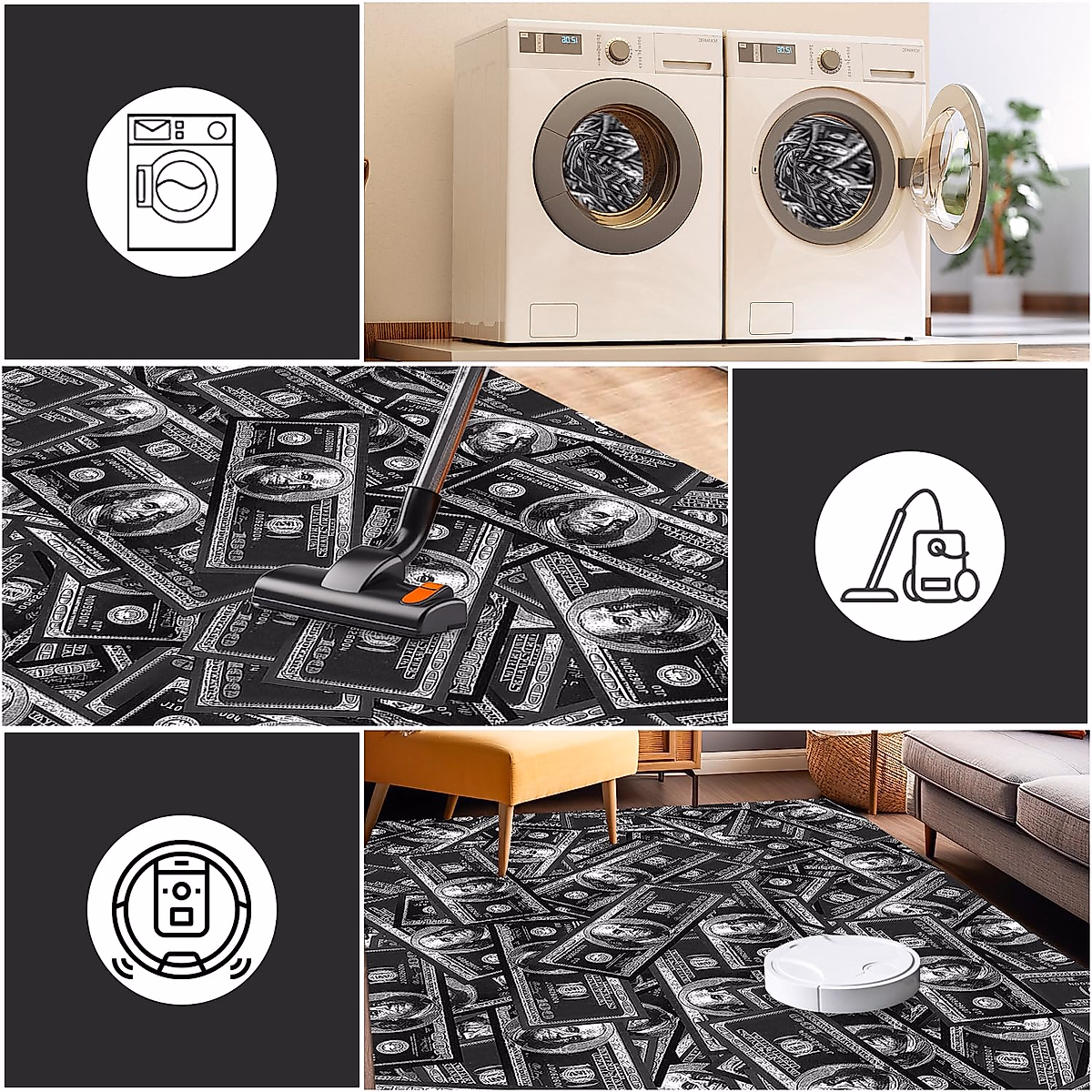 DVKKHD 100 Dollar Bill Area Rug 4x6 Black and White Living Room Rugs Non Skid Modern Money Carpet for Bedroom Cash Art Cool Rugs Room Decorations Office Entryway Dining Room Washable Rug 47”x71”