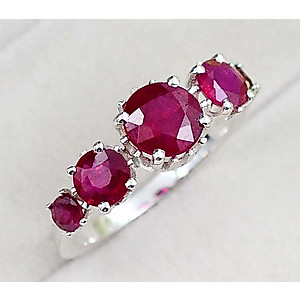 7 MM Round Cut Natural Red Ruby Gemstone 925 Sterling Silver July Birthstone Three Stone Proposal Ring For Girlfriend Gift (Rose Gold Rhodium Plated Silver, 9)