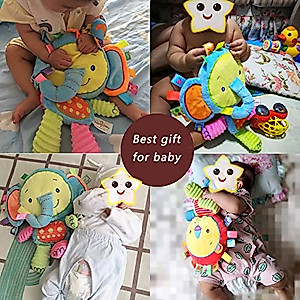 StoHua Baby Tags Toy, Taggie Security Blanket Elephant Stuffed Toy, Baby Plush Sensory Tag Toy with Ribbons & Rattle,Baby Gifts for Newborns,Infant