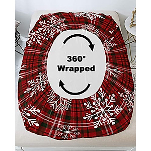 Christmas Fitted Bed Sheet Full Size,Winter Snowflake Soft Bottom Sheet with Pillow Case,Green Red Tartan Plaid Fitted Sheet Bedding Set for Mattress Fit 5"-16" Deep Pockets
