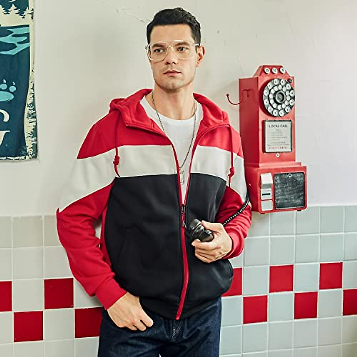 CALUOMATT Men Sweatshirt Zip Warm Hoodies Cozy Loose Jacket Hooded Outwear with Pockets Red XL