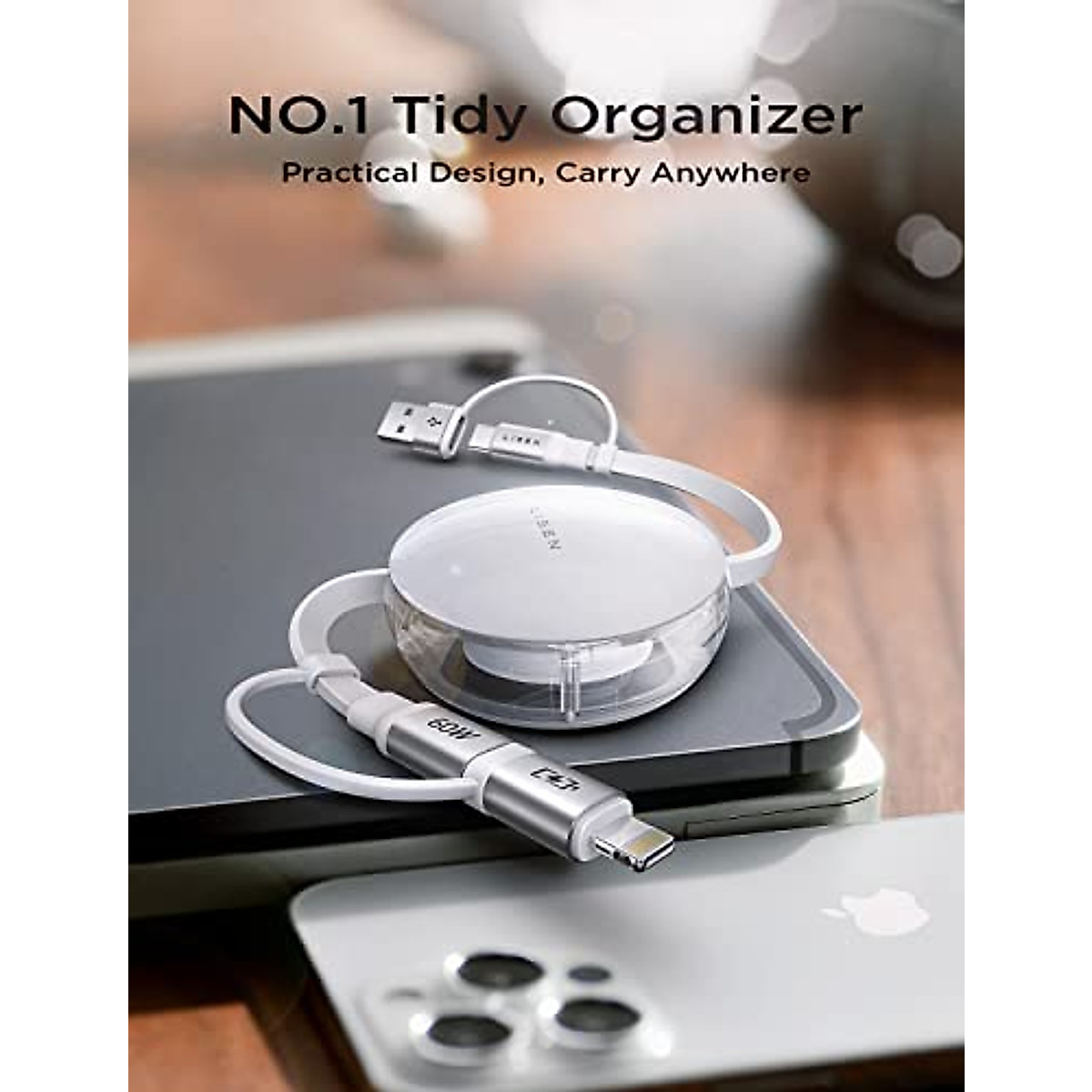 LISEN 4 in 1 Multi Charging Cable [Carry Anywhere] [Fast Charge All Devices] 60W PD USB C Charging Cable Retractable iPhone Charger Multiple Cord for Samsung Galaxy S23+/iPhone 14/Laptop/iPad(3.3FT)