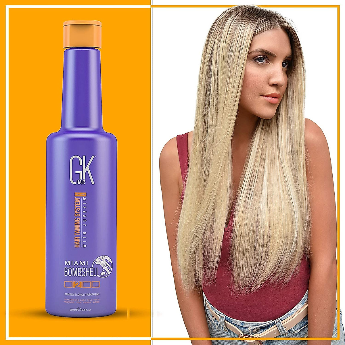 GK HAIR Global Keratin Miami Bombshell 9.5 Fl Oz Taming Blonde Purple Treatment - Hair Smoothing Toning Blowout Treatment Series Straightening Professional Results Removes Yellow Orange Brassy Tones