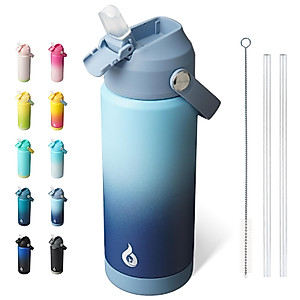 BJPKPK Insulated Water Bottle with Straw Lid, 18oz Thermos Water Bottles with Soft Nozzle, Flex Handle & Non-slip Boot, BPA Free Leak Proof Stainless Steel Metal Thermos, Tumblers, Cups,Sky