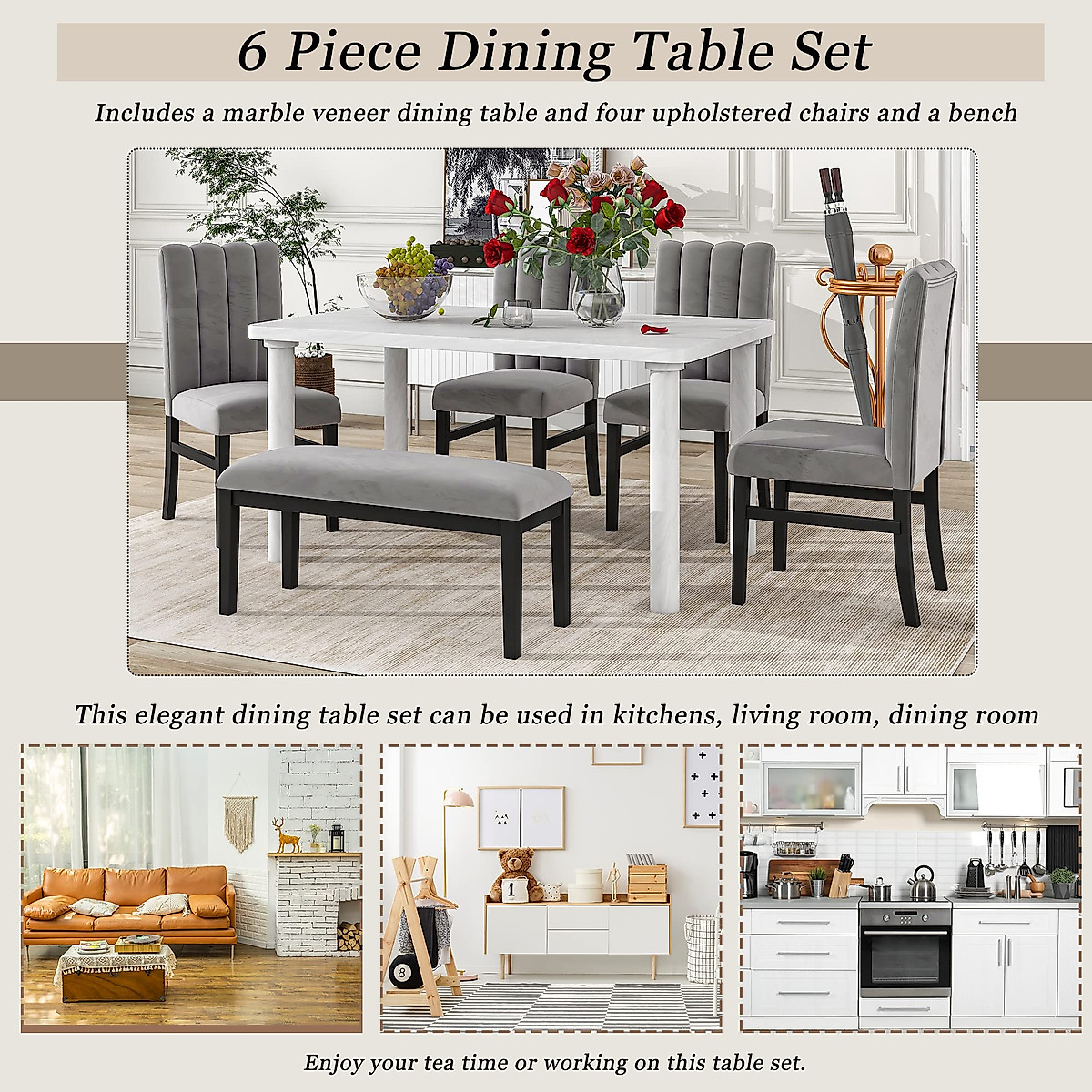 GJHOME 6 Pieces Set, Faux Marble Veneer Rectangular Table and 4 Flannelette Upholstered Dining Chairs & Bench for Kitchen Living Room Furniture Gray-60 L, White+Gray