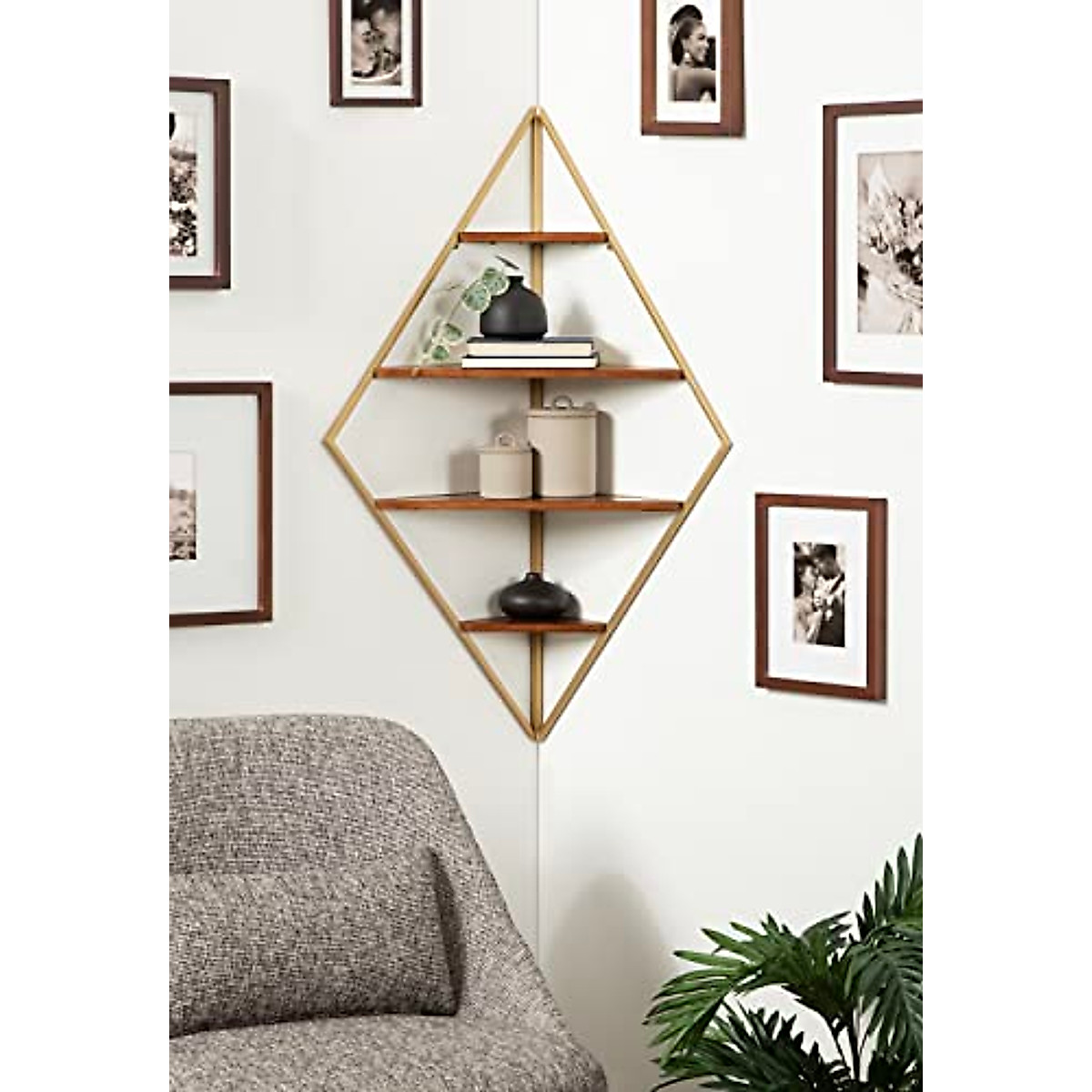 Kate and Laurel Melora Mid-Century Modern Corner Shelf, 24 x 38 x 17, Walnut and Gold, Glamorous Floating Corner Shelving with Four Shelves and Unique Geometric Shape