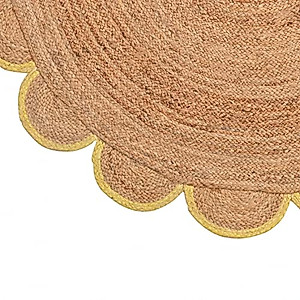 4x4, 5x5, 6x6, Natural Jute Scallop Round Rug, Floor Yellow Scalloped Edge Rug Braided Boho Eco Large Circular Handmade Area Rugs (3x3 FT)